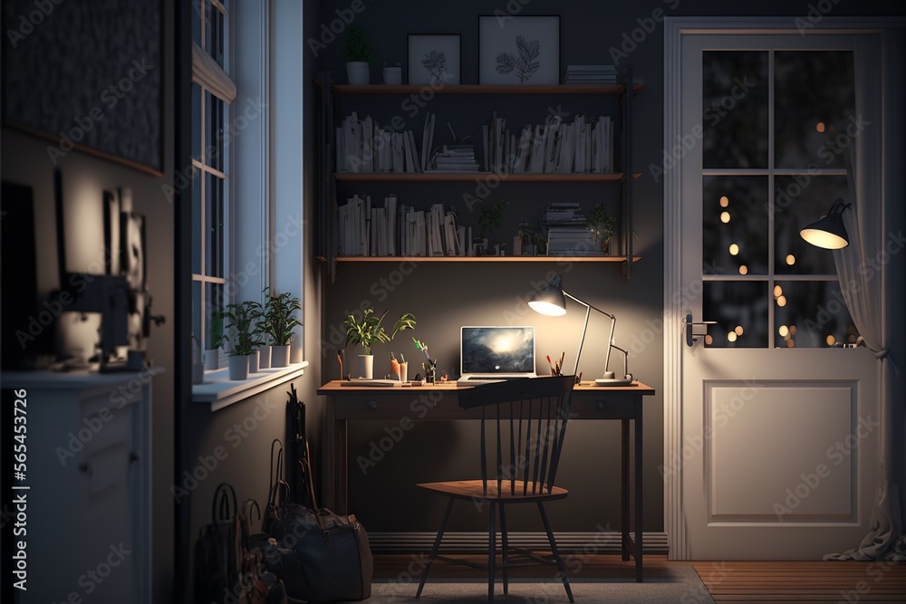 Scandinavian style interior study room with bookshelf and computer at ...