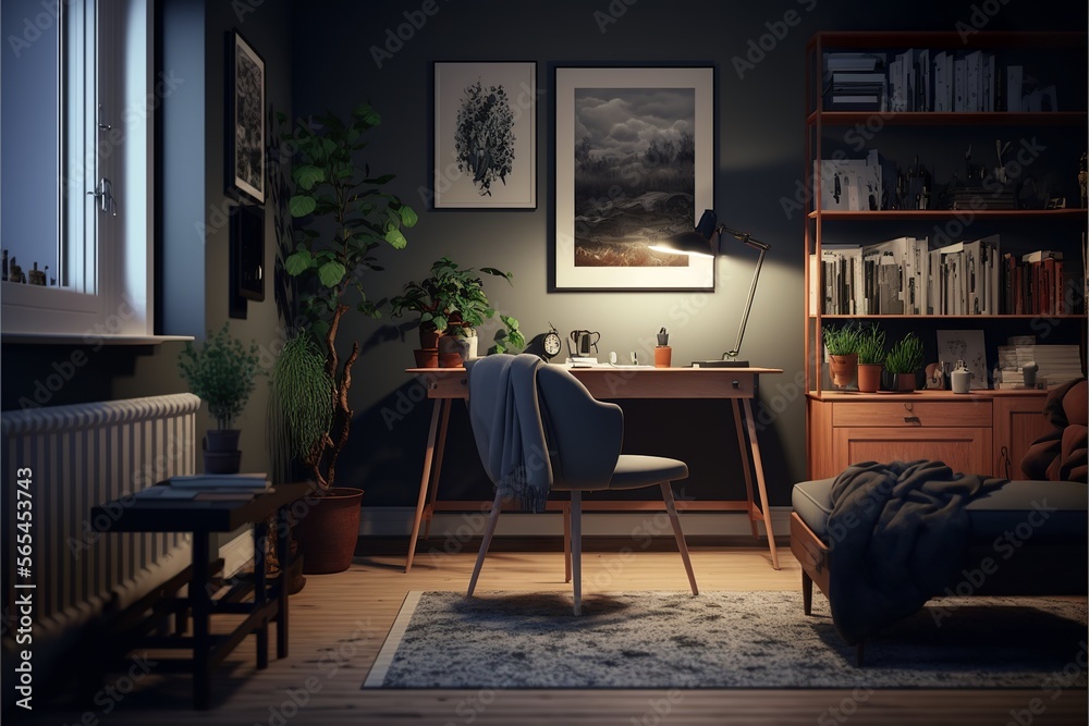 Scandinavian style interior study room with bookshelf and framed ...