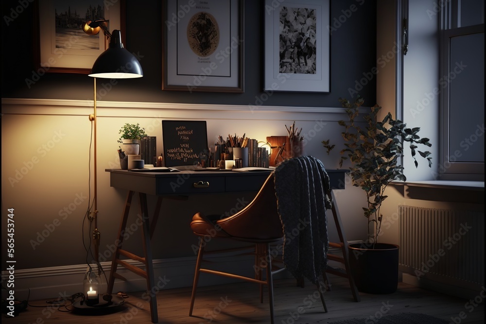 Scandinavian style interior study room with window at night with ...