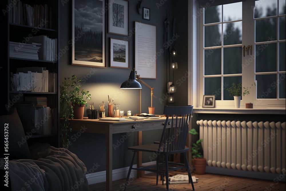Scandinavian style interior study room with window at night with ...