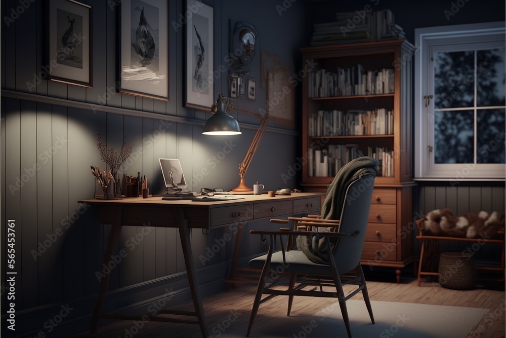 Scandinavian style interior study room with window at night with ...