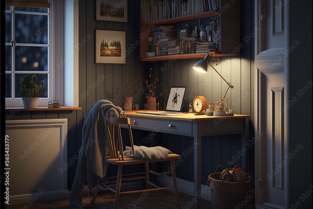 Scandinavian style interior study room with window at night with ...