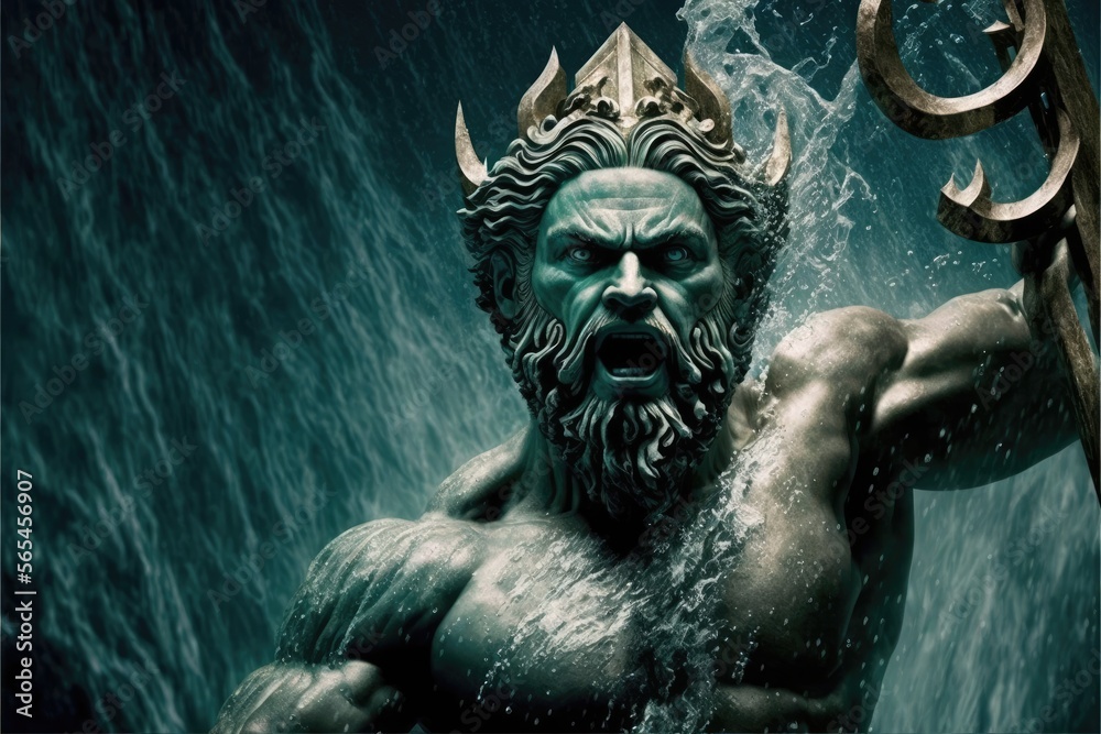 Poseidon, god of the sea, emerging from water with trident and fierce ...