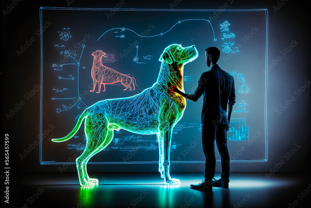 Professional of the future taking care of a dog on a digital screen in ...