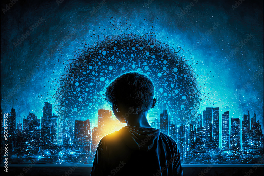 A silhouette of a child threatened by a simulated modern city facing a ...