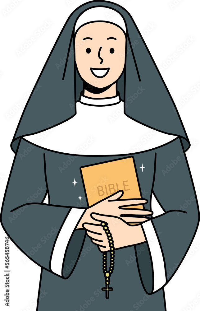 Smiling nun with bible and rosary Stock Illustration | Adobe Stock