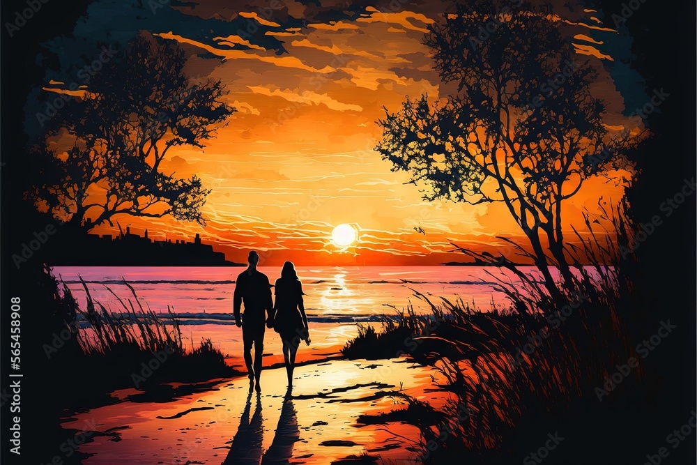 Two People Walking On The Beach In The Sunset