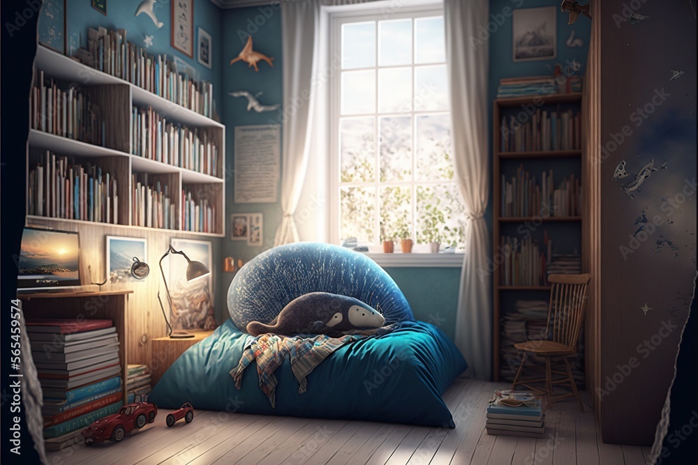 a room with a bed, bookshelf, and a window with a whale on it and a ...