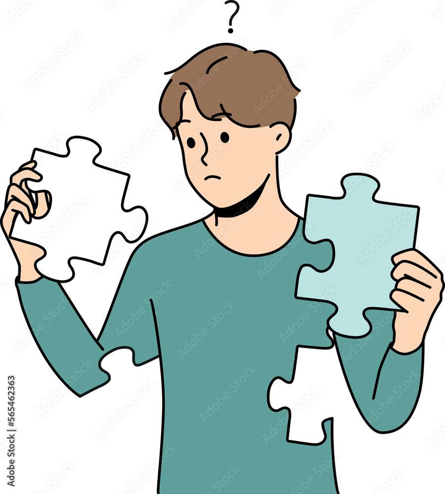Confused man with puzzles in hands rebuild personality Stock ...