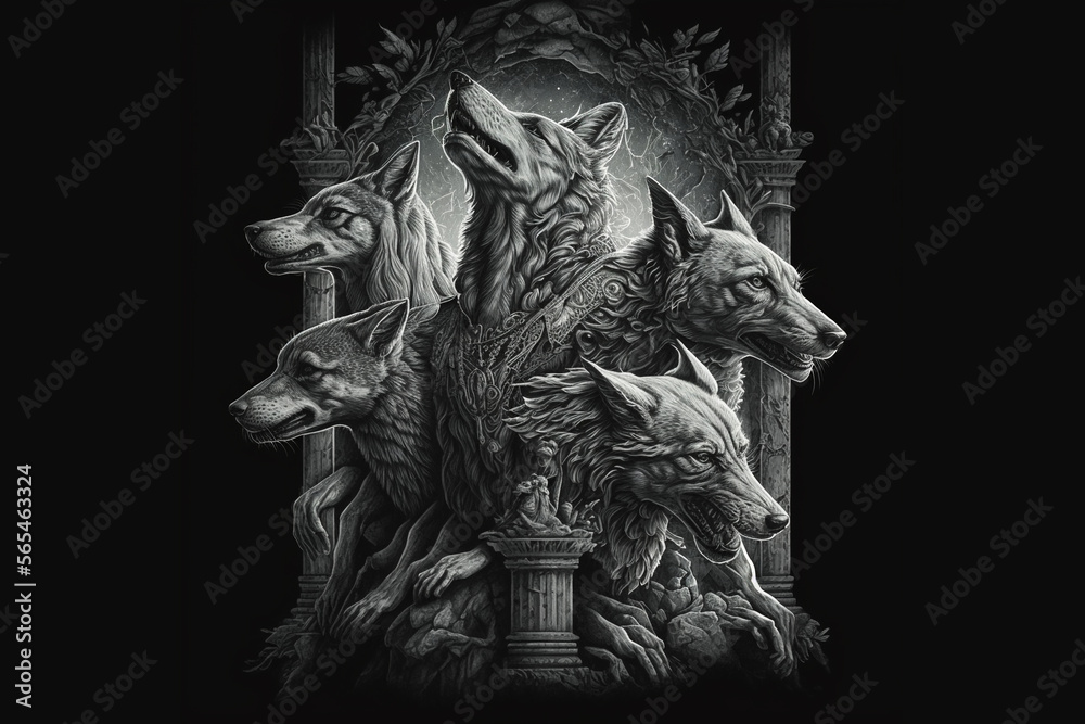 Five wolves illustration, Black & white t-shirt design, black ...
