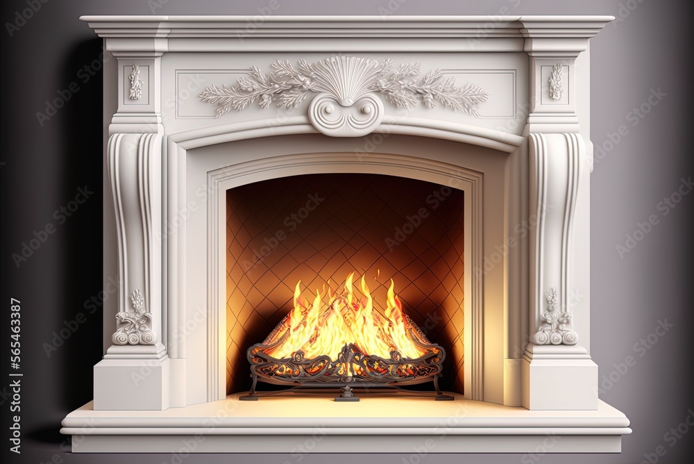 Realistic image of a fireplace with burning woods, a white marble or ...