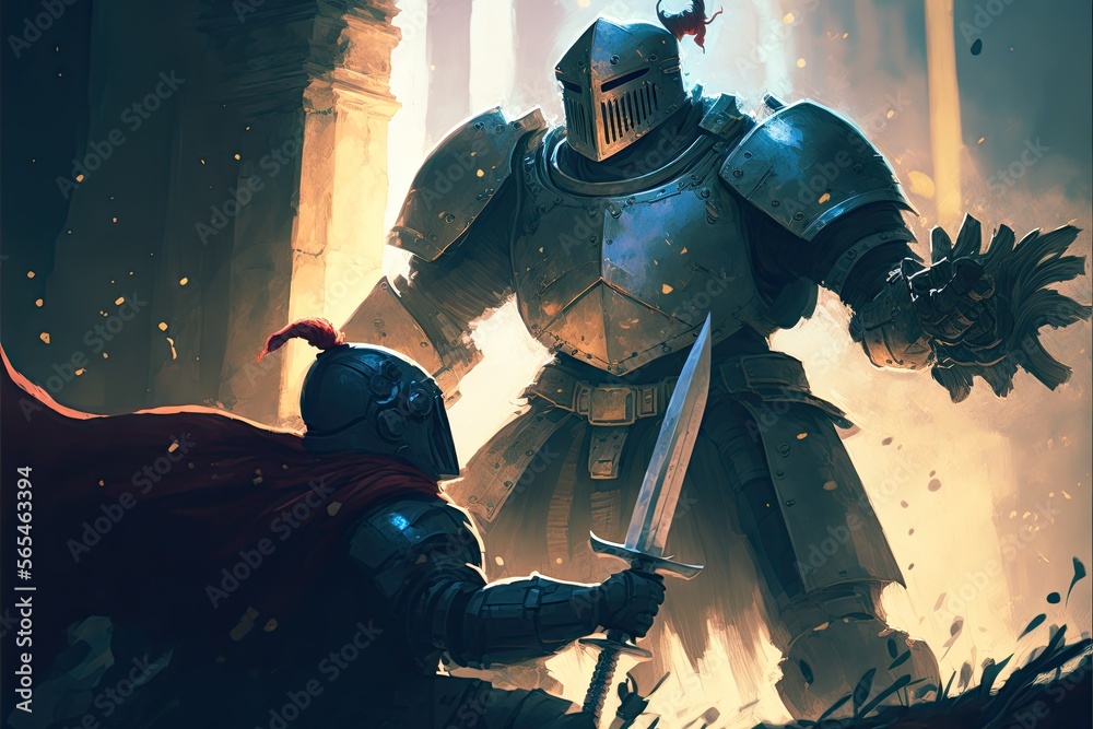 A knight battling a giant in a medieval castle,digital art style ...