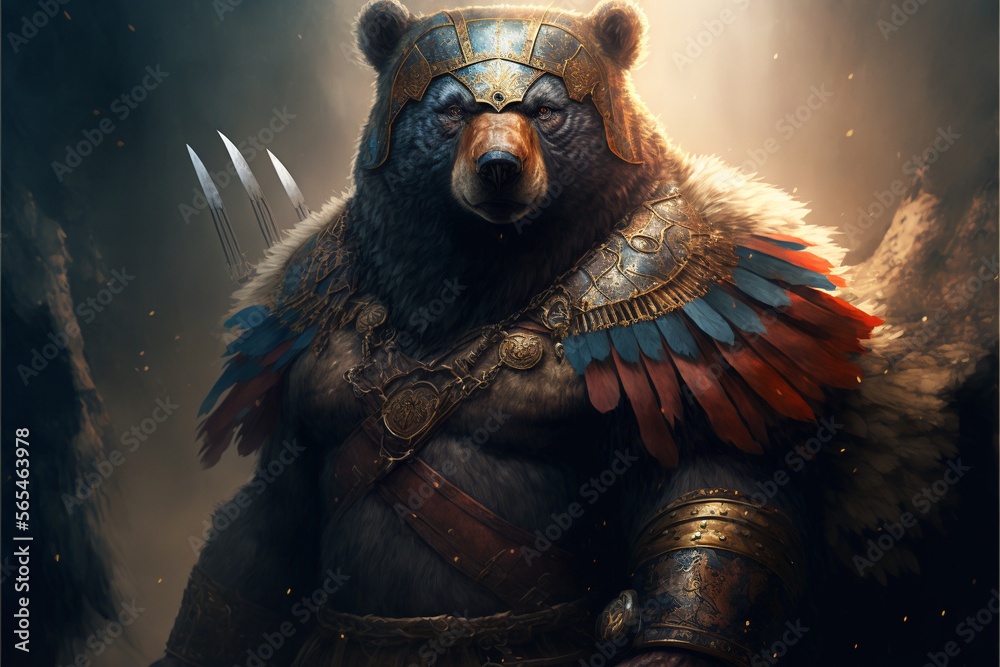 Bear animal portrait dressed as a warrior fighter or combatant soldier ...