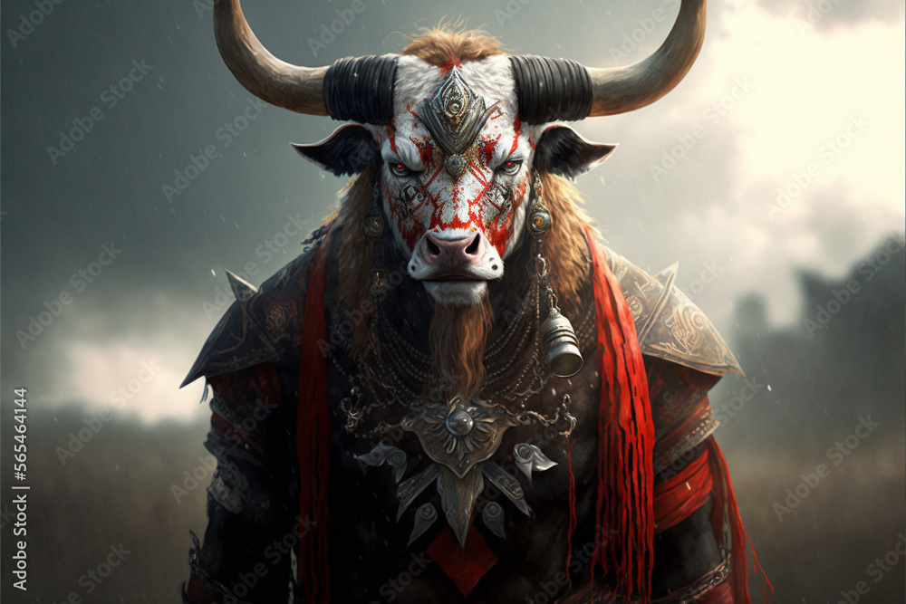 Cow animal portrait dressed as a warrior fighter or combatant soldier ...