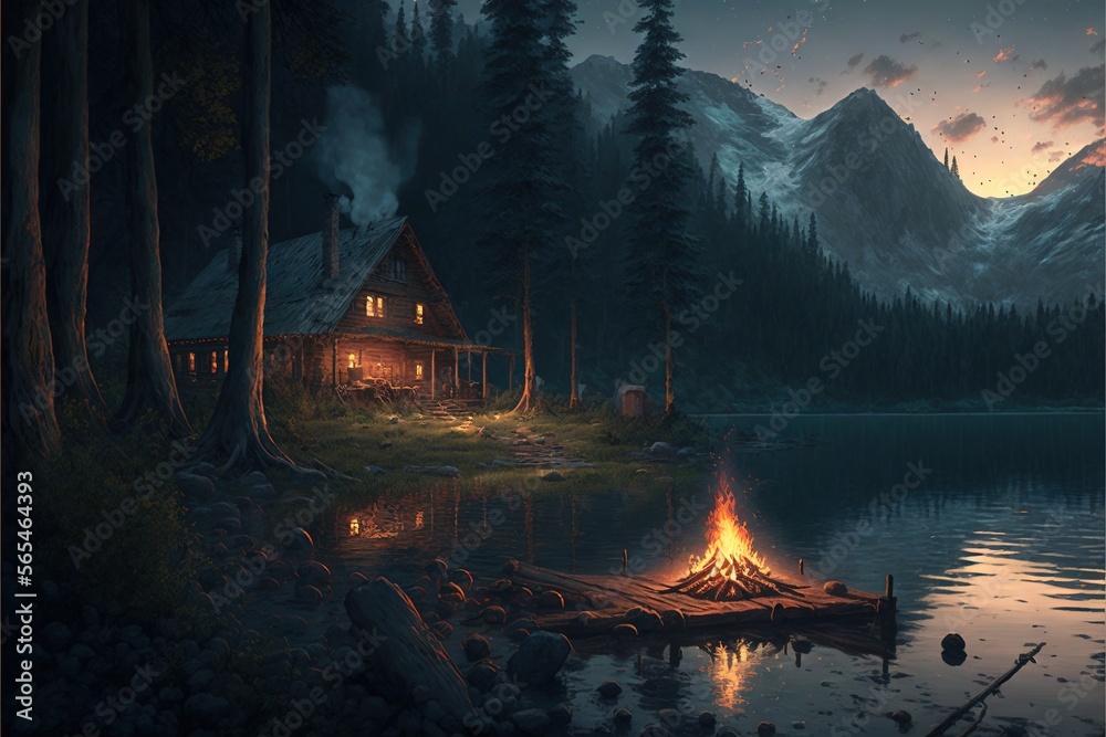 Cabin By The Lake At Night