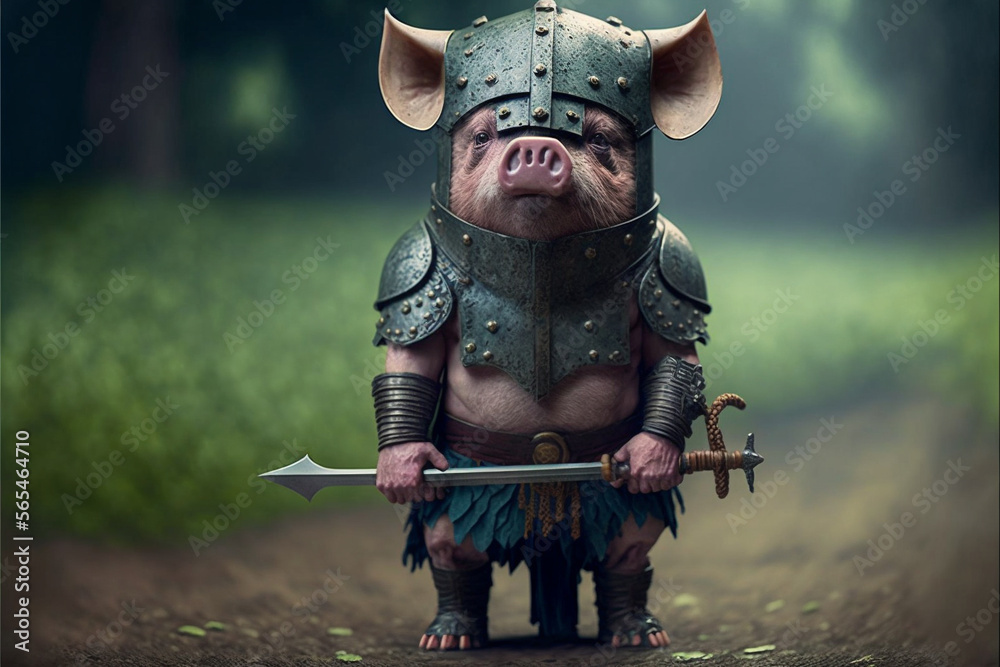 Pig animal portrait dressed as a warrior fighter or combatant soldier ...