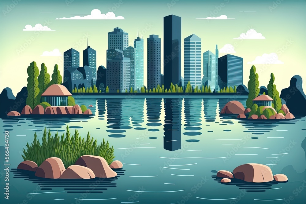 Lakeside scene with a city in the distance This parallax backdrop is ...