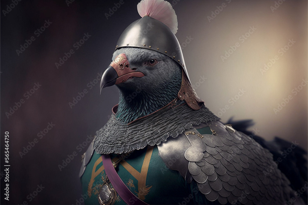 Pigeon animal portrait dressed as a warrior fighter or combatant ...