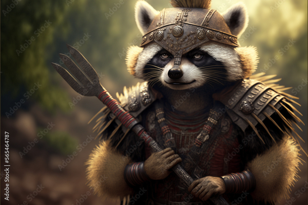Raccoon animal portrait dressed as a warrior fighter or combatant ...