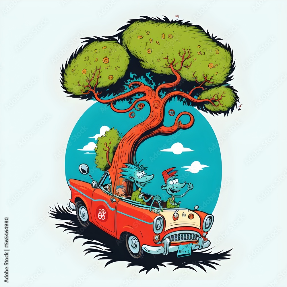 two dr seuss characters driving a car ontop of a funky tree cartoon ...