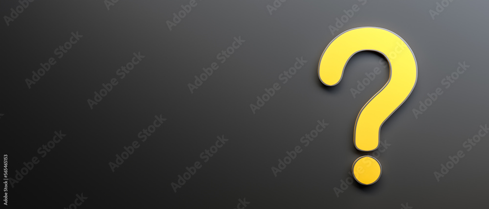 Yellow question mark on black background with empty copy space on left ...