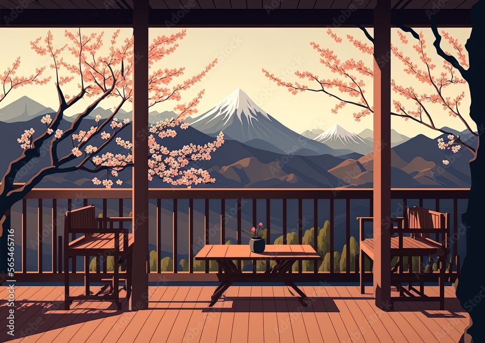 Terrace with a view of the mountains and sakura trees in Japan. A ...