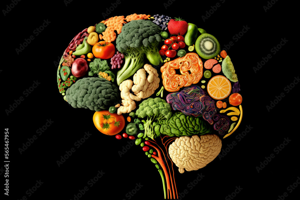 Food in a shape of a brain on dark background. Nutrition concept ...