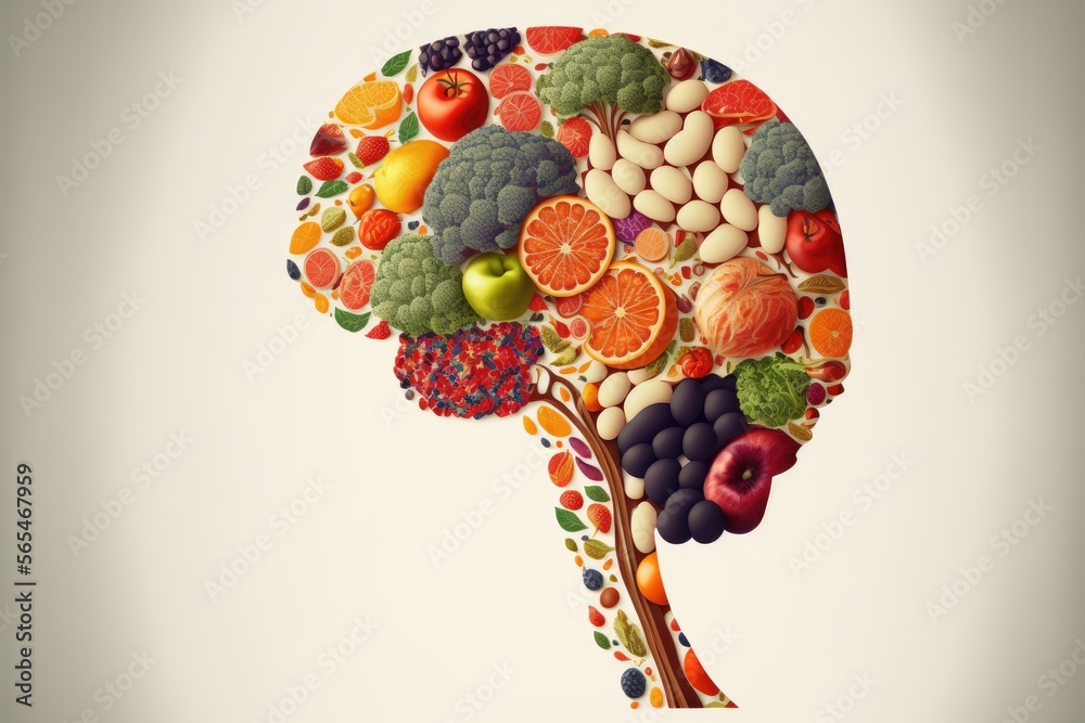 Food in a shape of a brain on white background. Nutrition concept ...