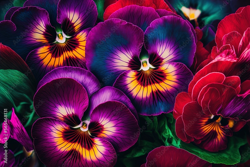 Multicolored pansy blooms or a close-up of a single pansy in the viva ...