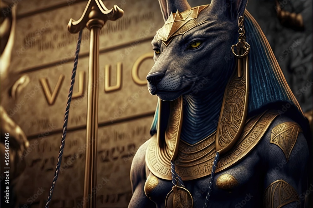 A close-up of Anubis, god of the afterlife, holding the scales of ...