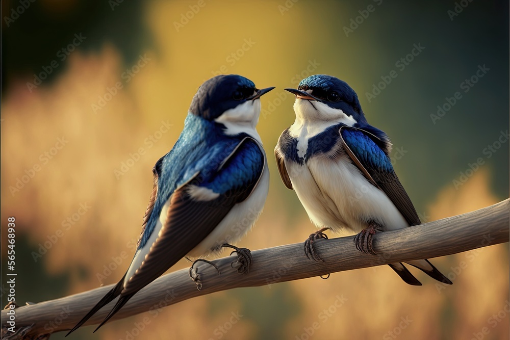 two birds sitting on a branch with their beaks touching each other's ...