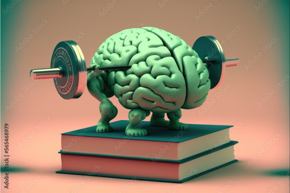 Human brain made of steel lifting a heavy dumbbell. Mind training ...