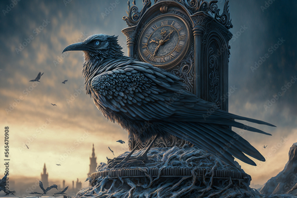 Gothic raven in front of an old clock, with crows and stormy sky in ...