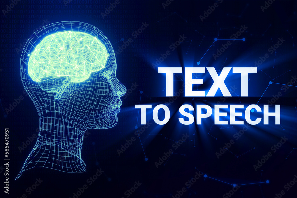 Text to voice and speech concept background with futuristic wireframe glowing brain. Modern Ai ...