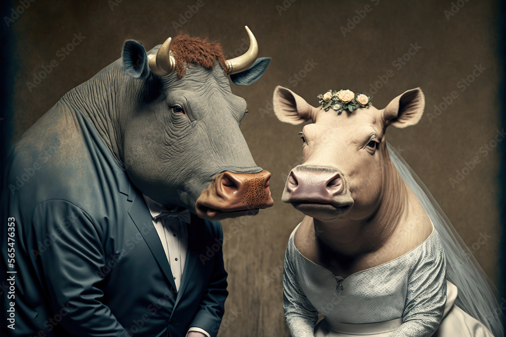 Created with Generative AI technology. Groom and bride, bull and cow ...