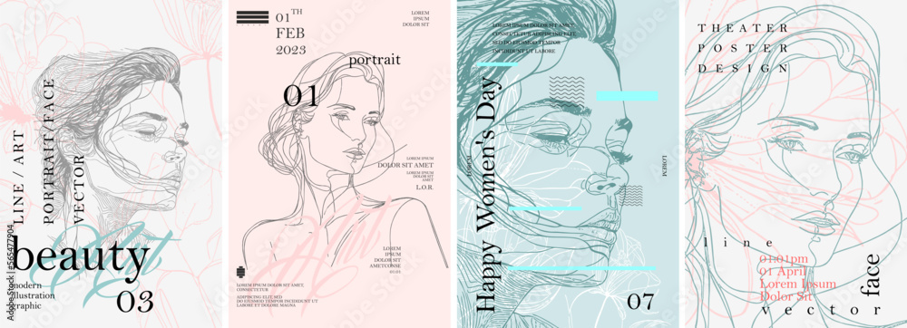 Portrait of a woman in a modern style. Lines. Pencil sketch. Typography ...