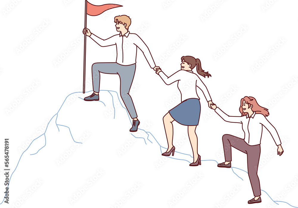People in business attire climb mountain holding hands to reach flag at ...