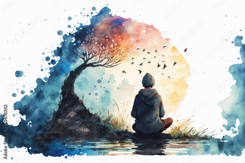 Watercolor meditation and mindfullnes lifestyle concept art, spiritual ...