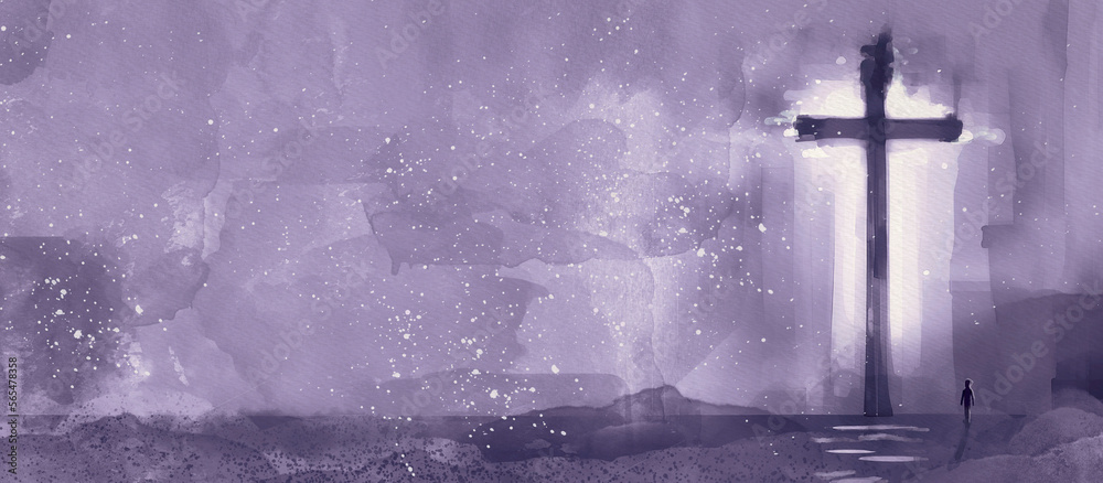 Christian Cross and man. Lent Season. Watercolor banner. Stock ...