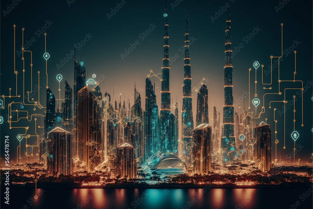 Futuristic abstract city a hub of technology and progress. Metaverse cyber concept idea ...