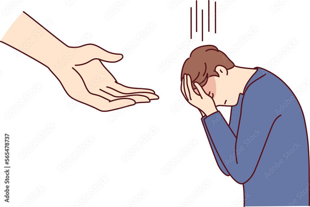 Crying man covers face bowing head while standing near giant hand ...