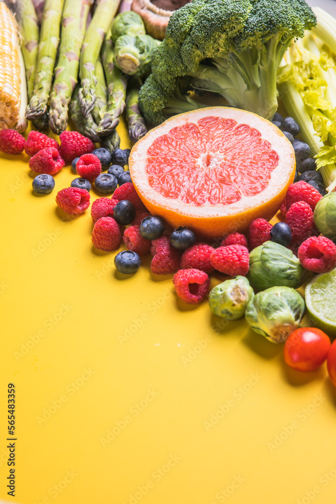 Choice of healthy food for heart, life concept on a color background ...
