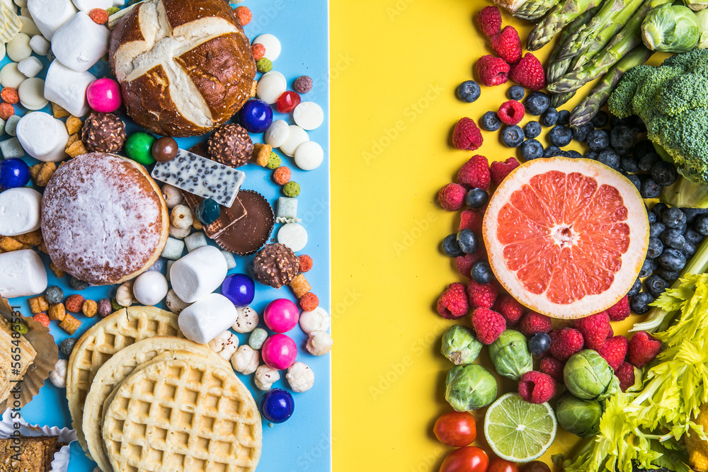 Healthy and unhealthy food background from fruits and vegetables vs ...