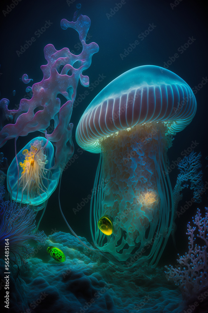 Underwater World of Bioluminescent Algae, Shells and Jellyfish Stock ...
