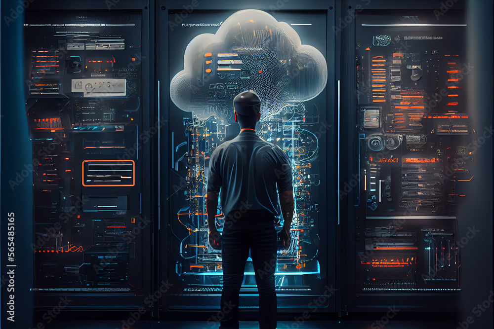 Cloud service engineer standing in front of a digital technology data ...