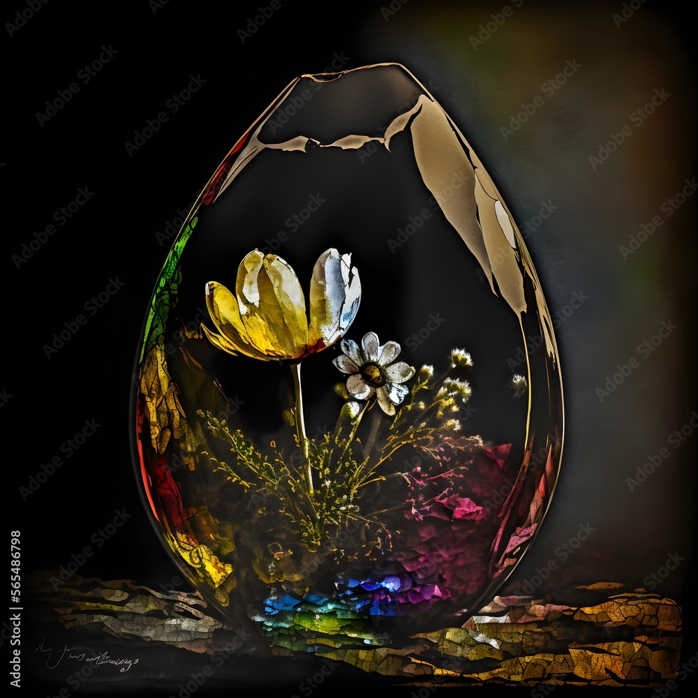 abstract alcohol ink sketch of spring flowers in a glass egg sitting on ...