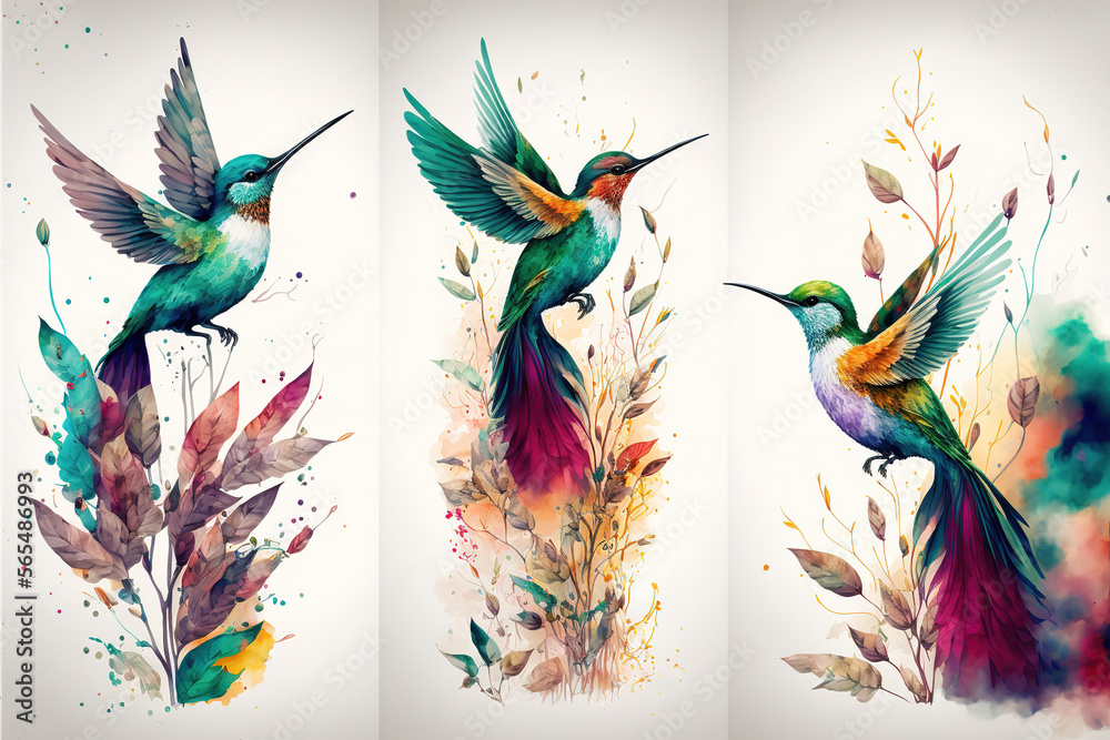 Three hummingbirds with watercolor effects banner illustration. Banner ...