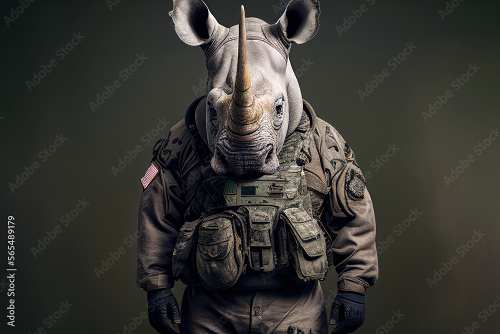 Portrait of a rhinoceros in a military uniform ready to serve and ...