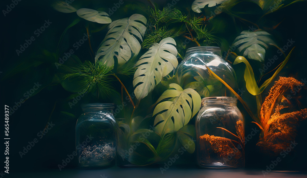 beautiful composition of tropical plants in a botanical greenhouse in a ...