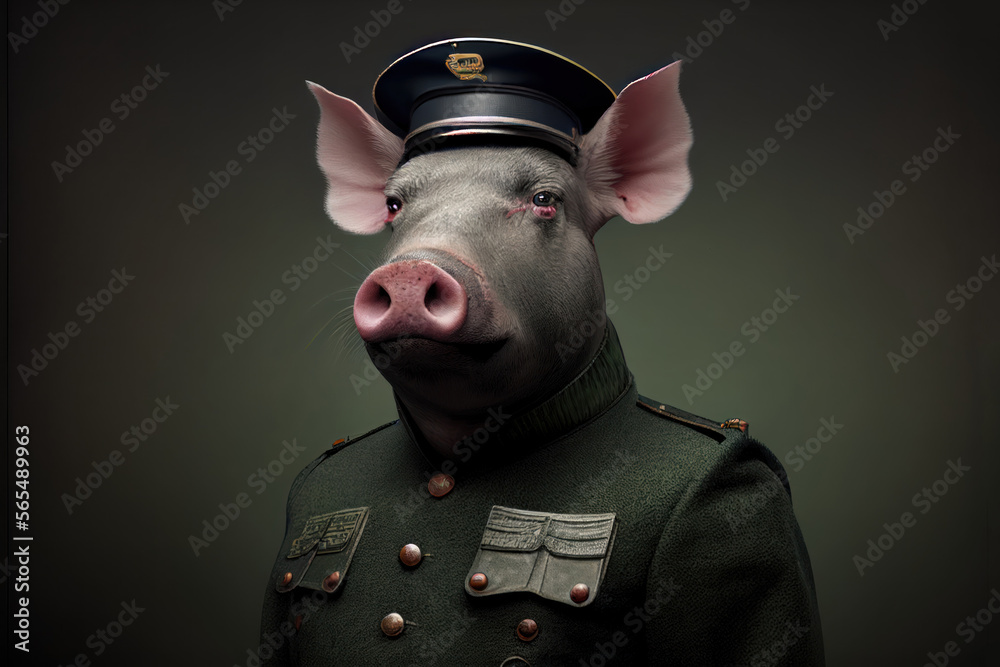 Portrait of a pig in a military uniform ready to serve and protect, on a dark background ...